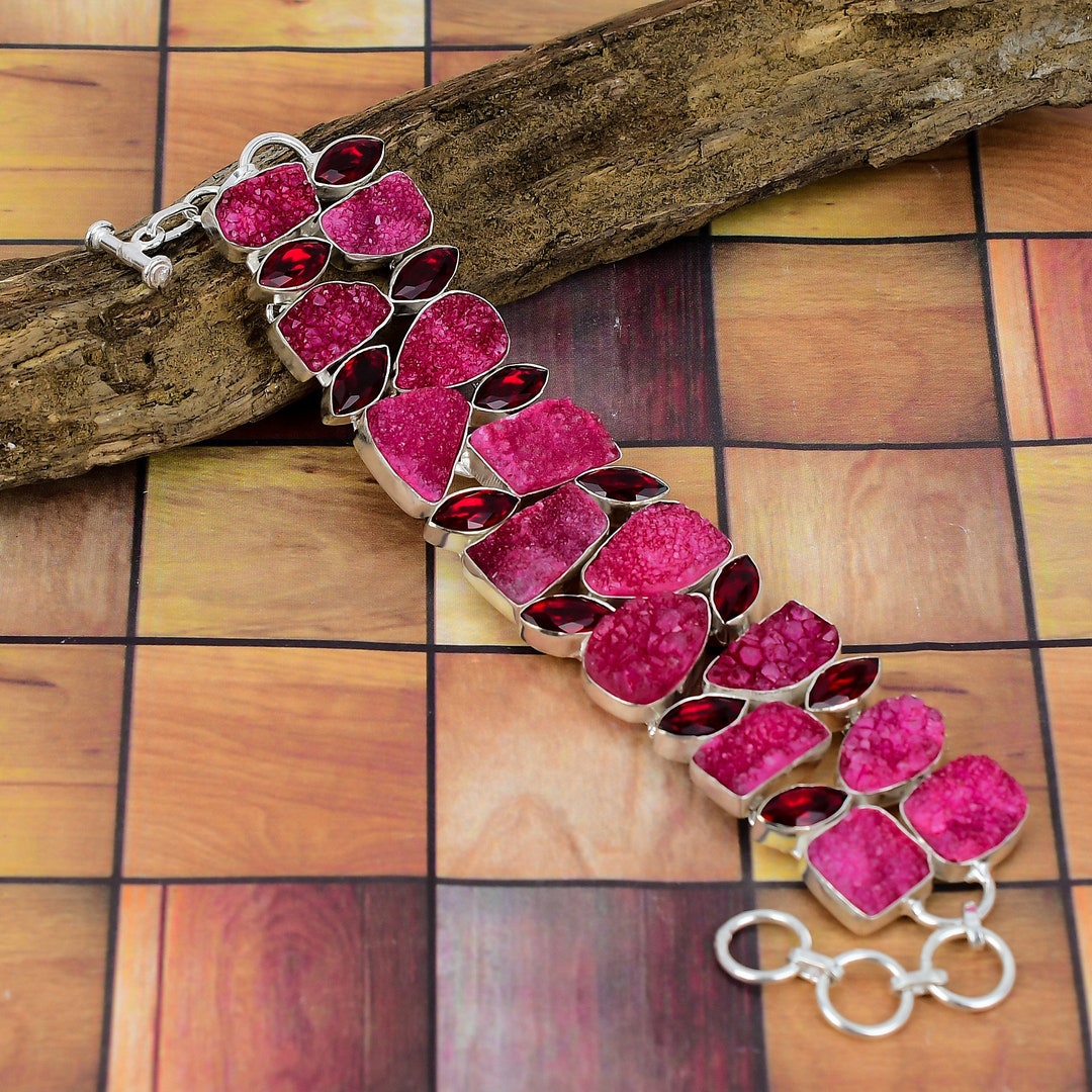 Handcrafted Pink Druzy & Red Topaz Bracelet - 925 Silver Plated - Etsy