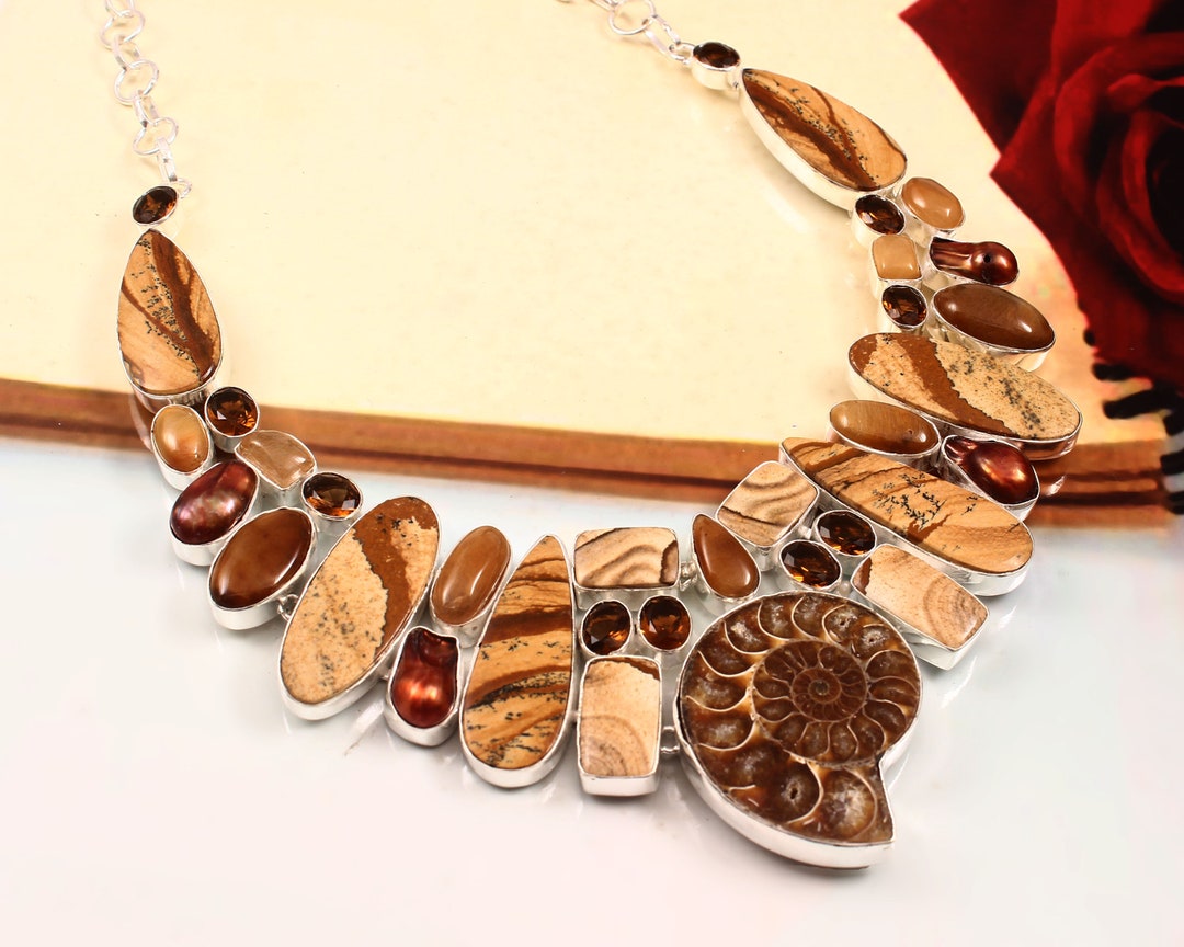 Ammonite Fossil & Jasper Gemstone Necklace: 925 Silver Plated - Etsy