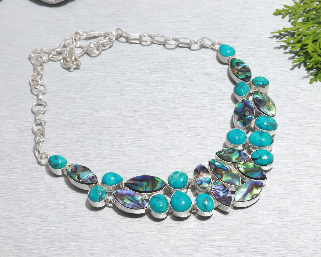 Turquoise Abalone Shell Silver Plated Necklace, Designer Choker ...