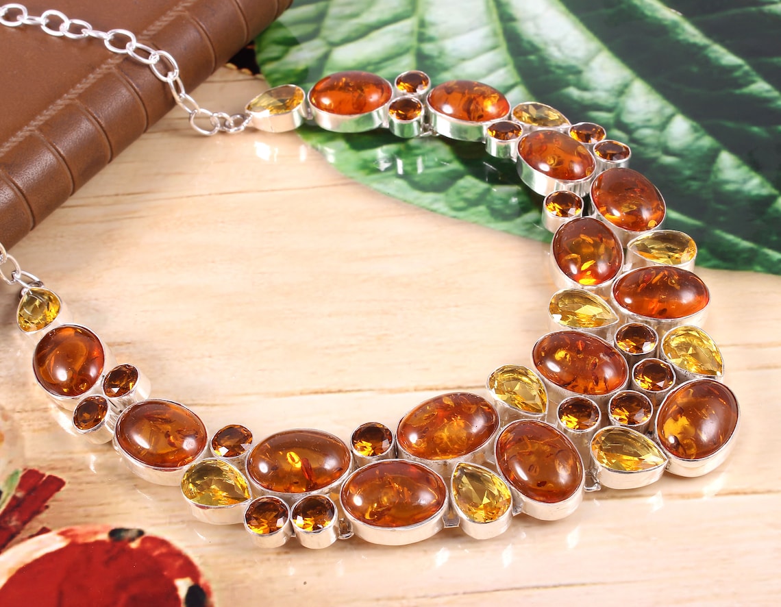 Amber and Citrine Gemstone 925 Silver Plated Necklace - Etsy UK