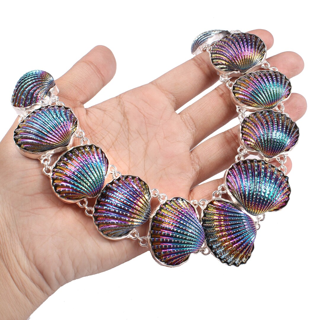 Rainbow Titanium Oyster Shell Necklace: 925 Silver Plated Handmade ...