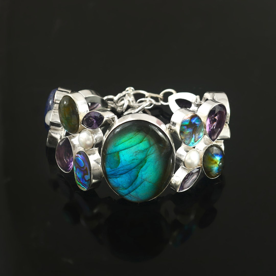 Fire Labradorite Abalone Shell Lapis Pearl Gemstone Silver Plated ...