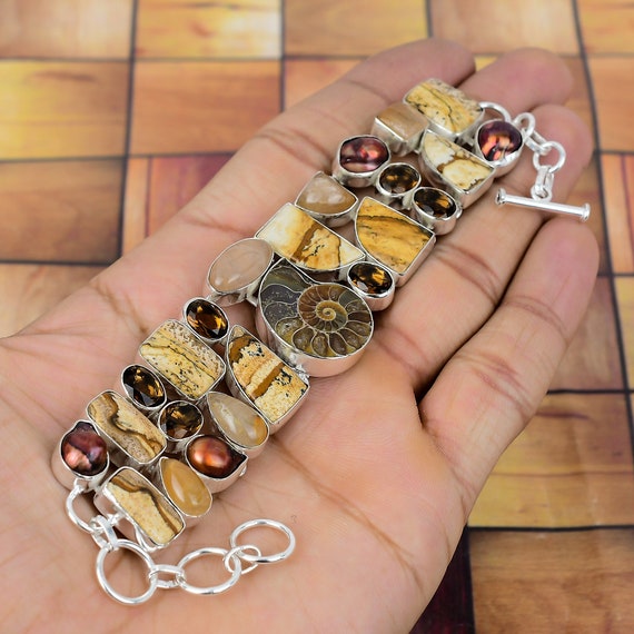 Ammonite Fossil Picture Jasper Biwa Pearl Smoky Topaz Bracelet Silver Plated Jewelry Handcrafted Designer Jewelry