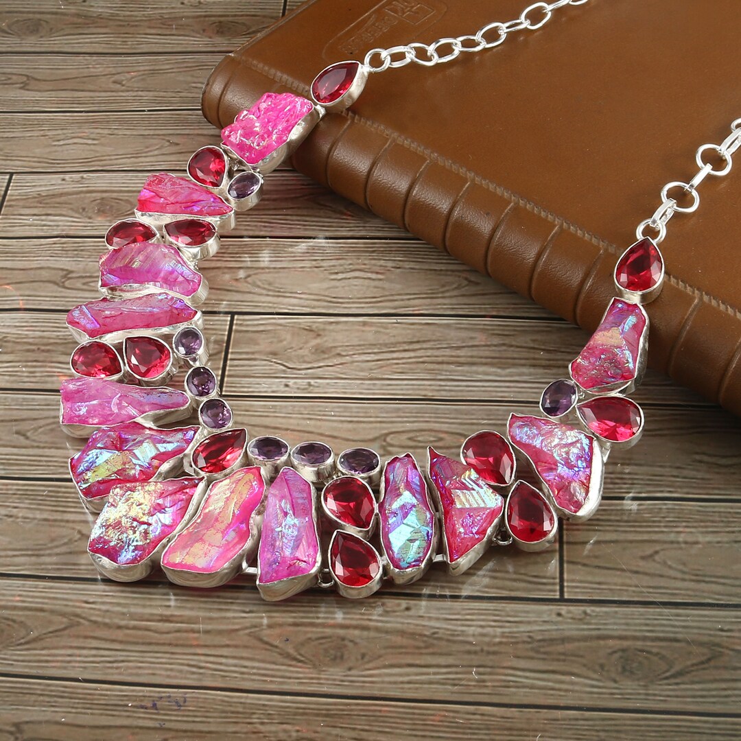 Raw Rough Pink Titanium Druzy Red Topaz Amethyst Silver Plated Necklace ...