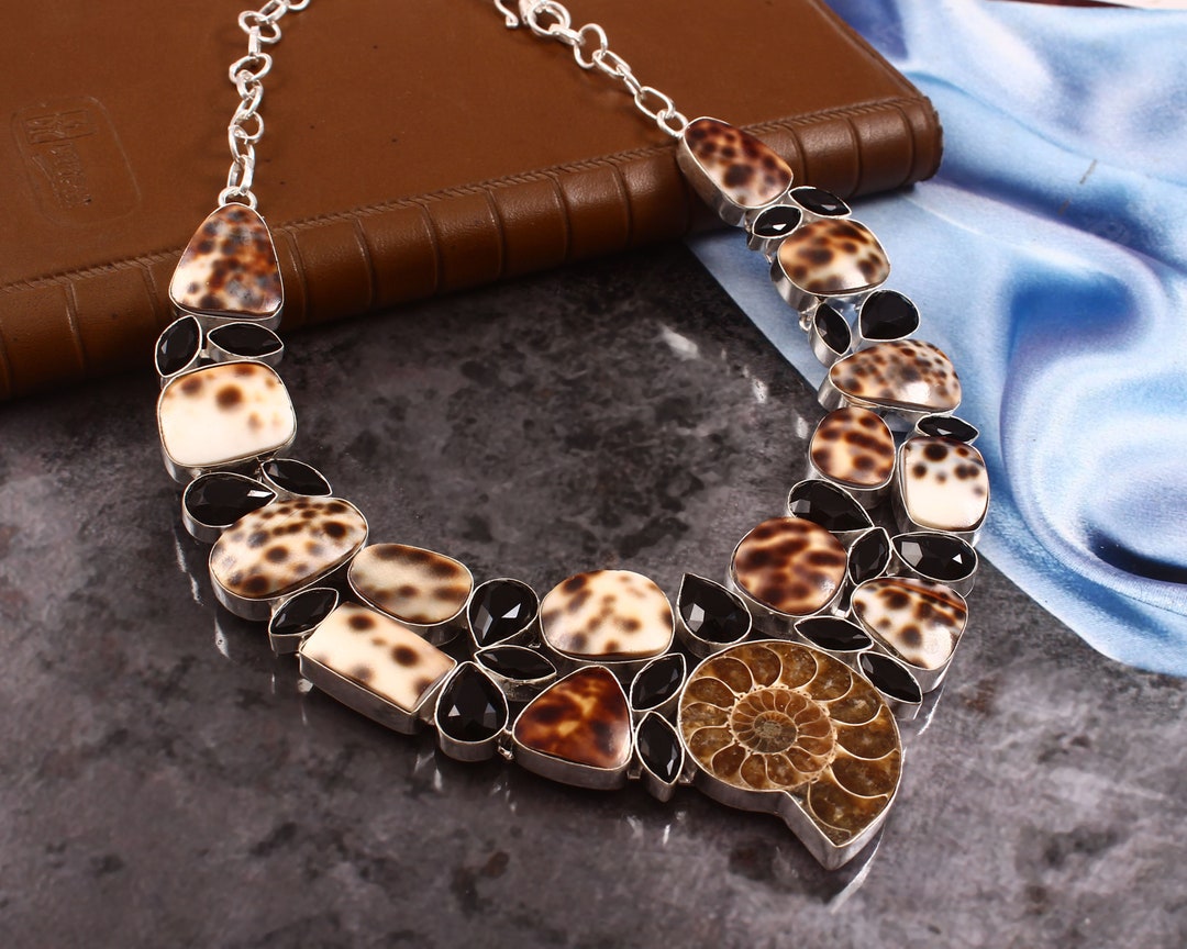 Ammonite Shell Leopard Shell Black Onyx 925 Silver Necklace, Unique Big ...