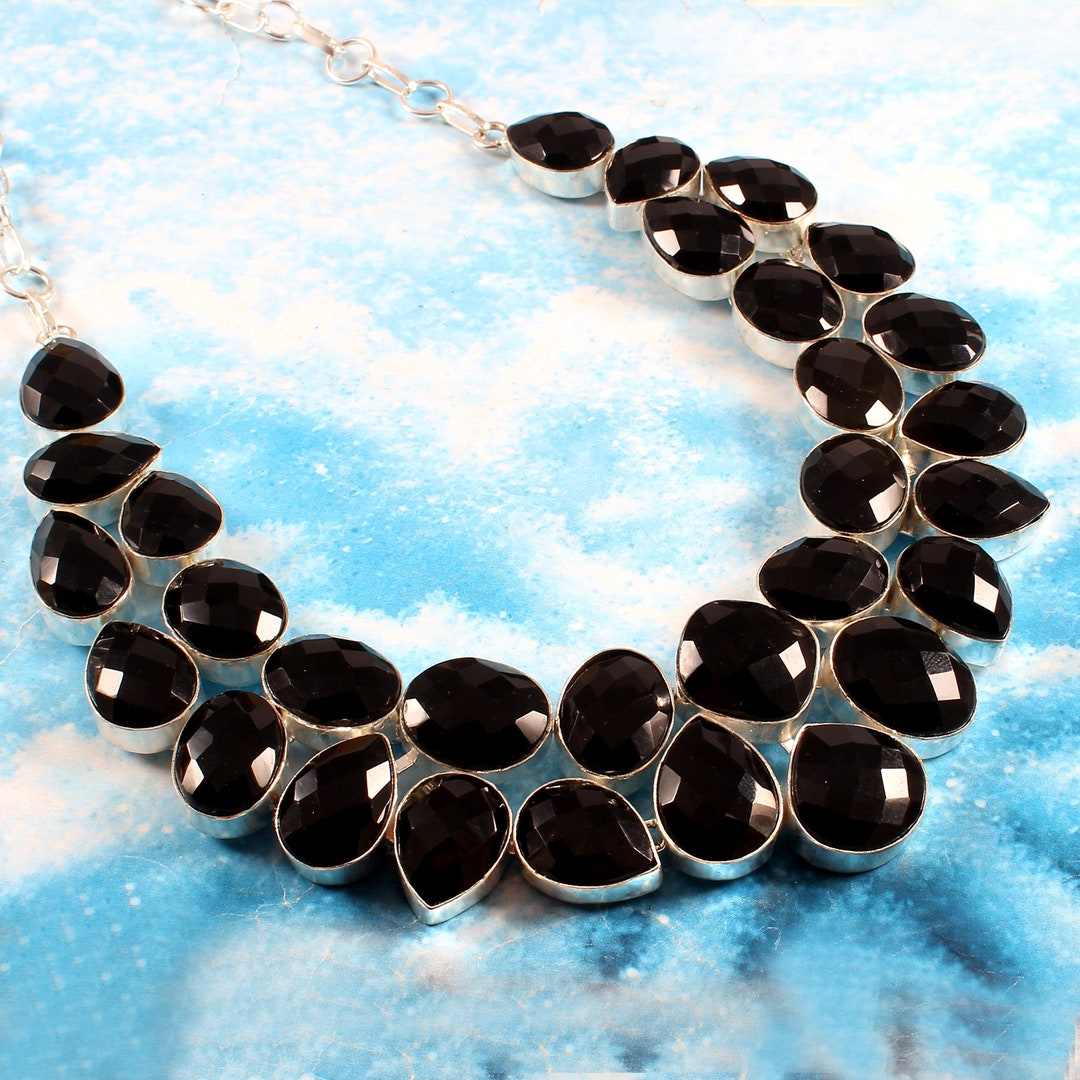 Kariert geschliffener Schwarzer Onyx Edelstein 925 versilbert Halskette ...