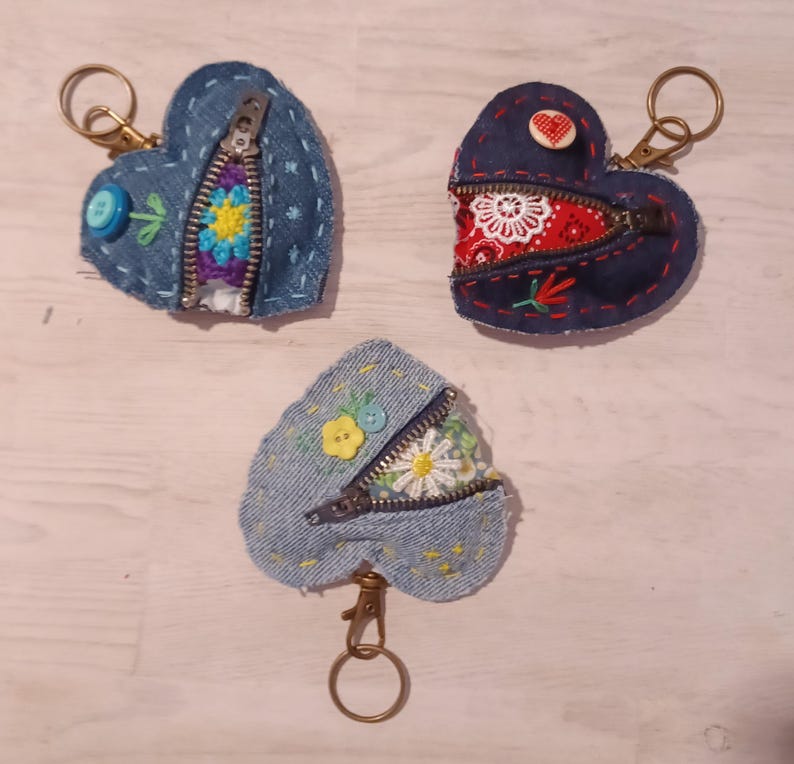 Recycled Denim Zipper Puffed Heart Keychain - Etsy