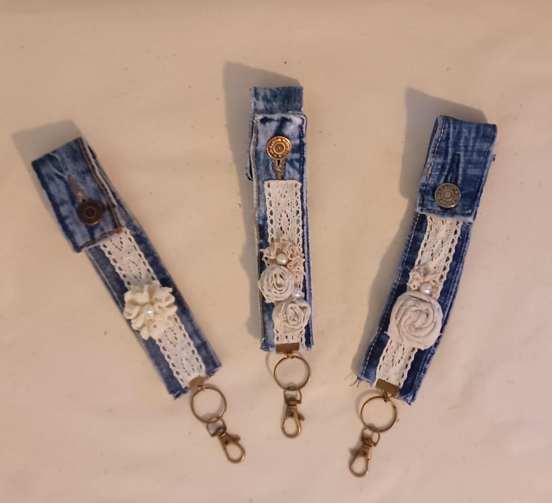 Recycled Denim Wristlet Keychain Handmade Denim Key Fob Keychain Denim ...
