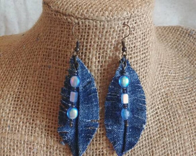 Upcycled Denim Feather and Bead Earrings - Etsy
