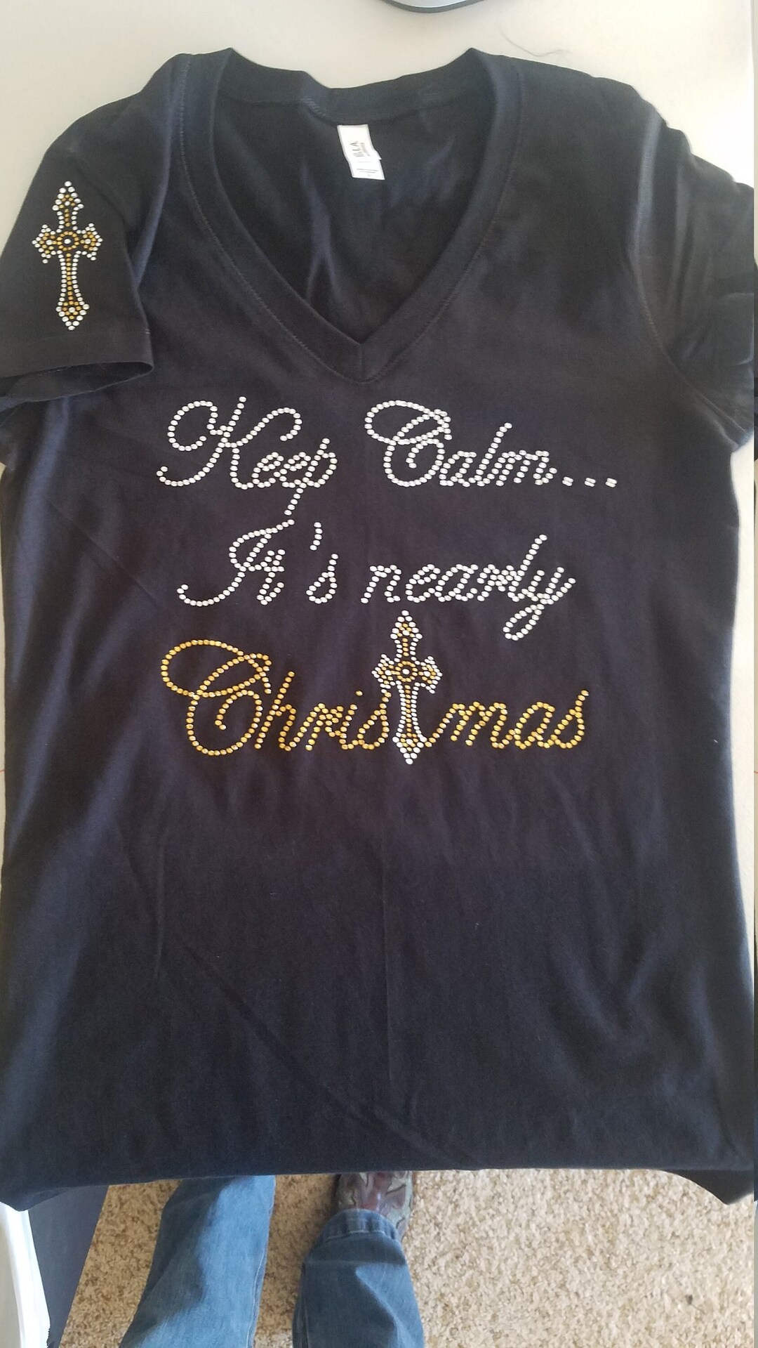 Keep Calm Its Nearly Christmas Rhinestone Tee Shirt Sparkle S M L XL ...