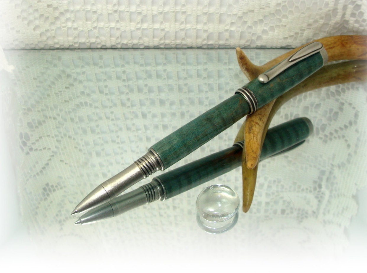 Teal Green Curly Maple Burl and Antique Pewter Rollerball Pen - Etsy