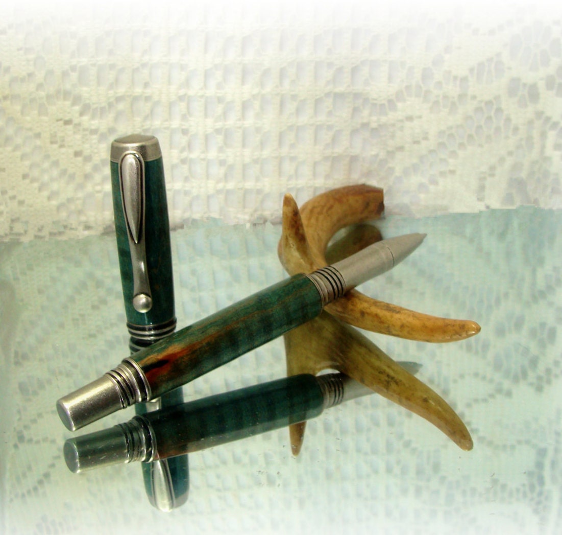 Teal Green Curly Maple Burl and Antique Pewter Rollerball Pen - Etsy