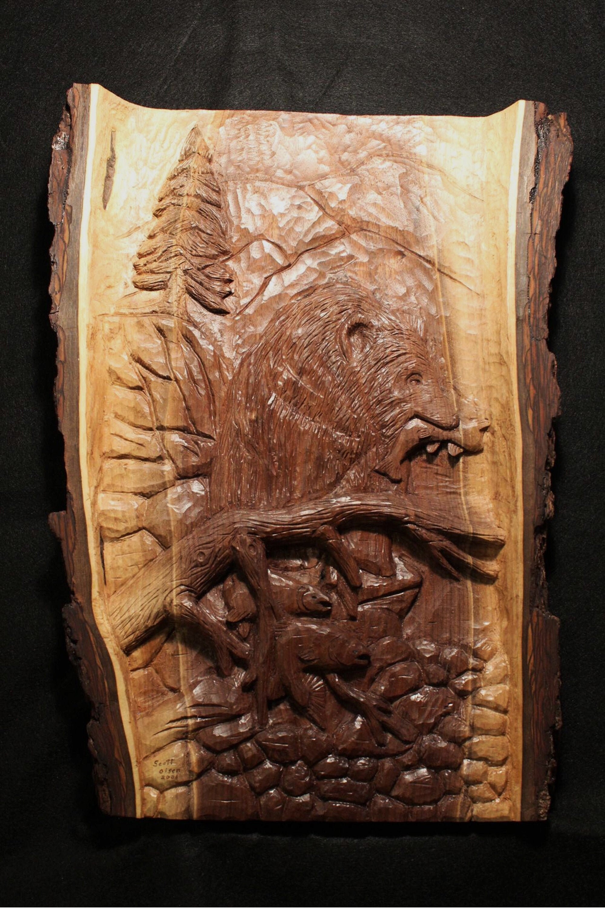 Bear Salmon Fishing Relief Carving With Live Edge Black Walnut - Etsy