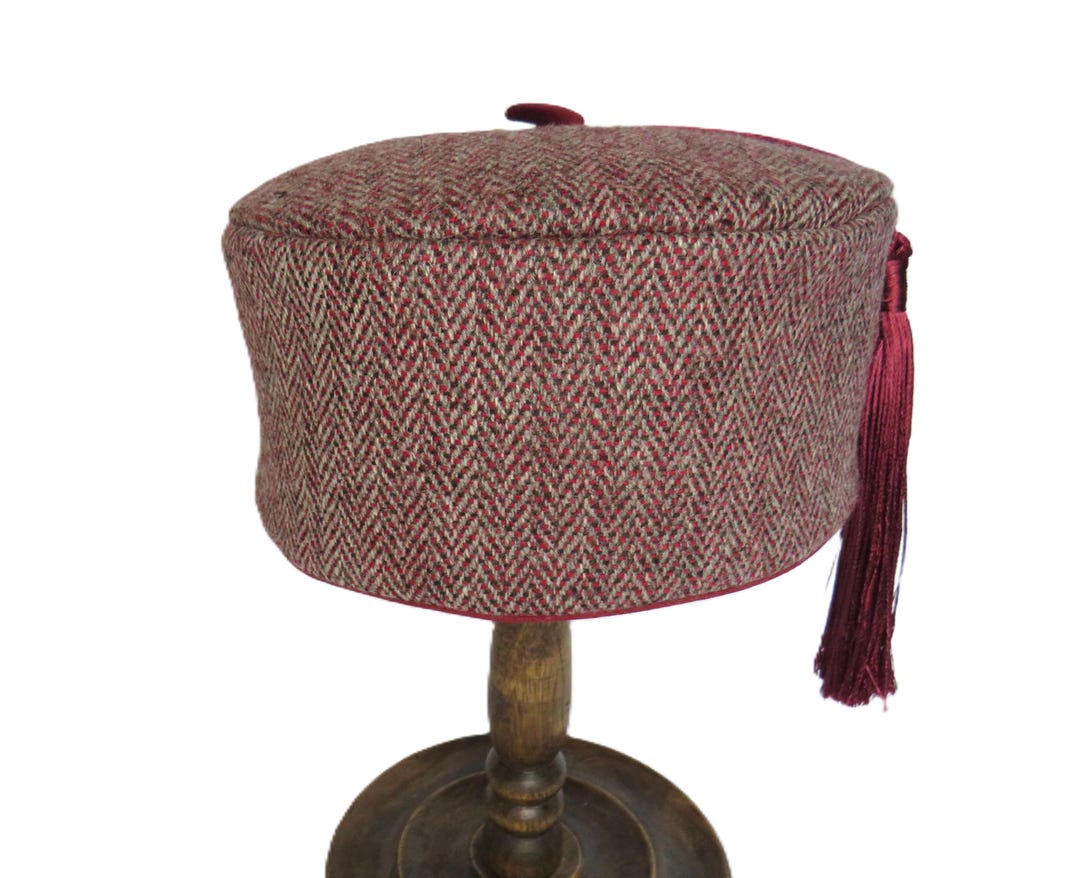 Yorkshire Tweed Smoking Cap Burgundy Herringbone With Piping and Tassel ...