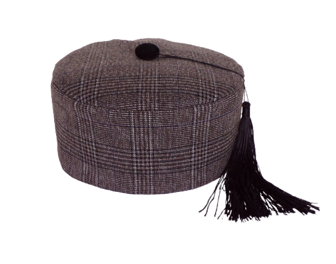 Brown Grey Check Tweed Smoking Cap With Black Silky Tassel, Handmade to ...