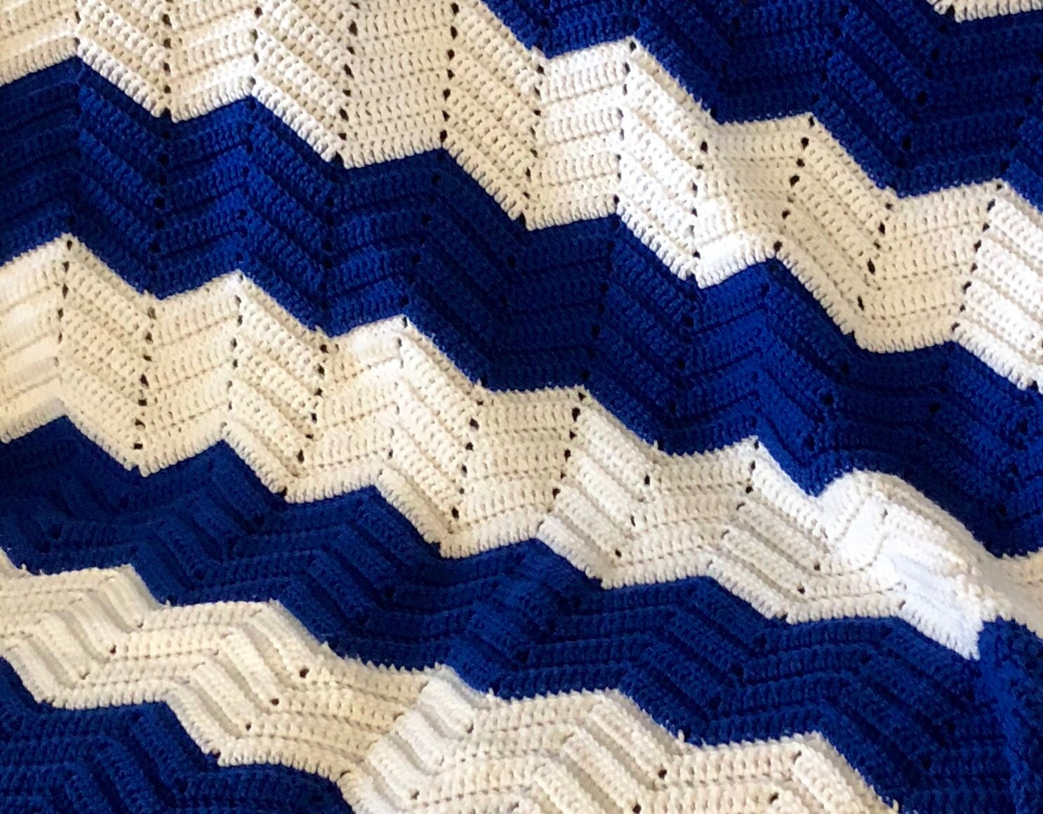 Crocheted Chevron Blanket in royal blue and white crocheted | Etsy