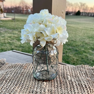 Chicken Wire Glass Bottle With Cream Hydranges, Rustic Centerpiece ...
