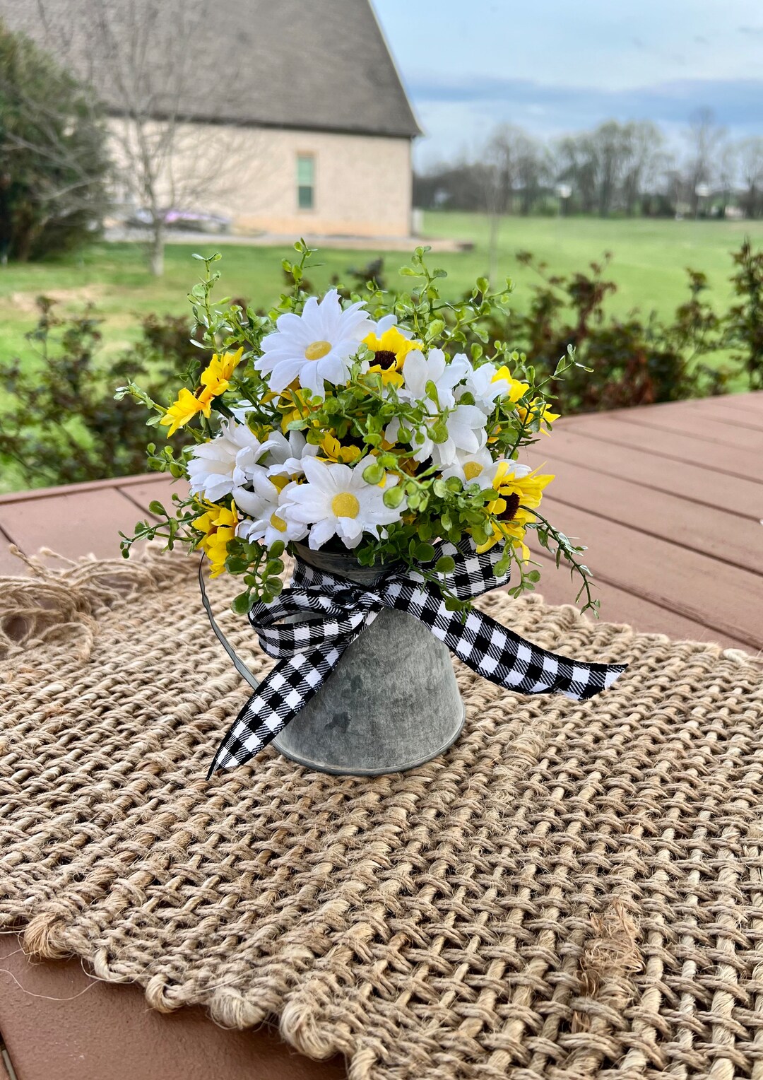 Galvanized Metal Pitcher With Boxwood Greenery Daisies Sunflower ...