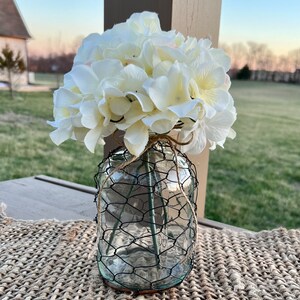 Chicken Wire Glass Bottle With Cream Hydranges, Rustic Centerpiece ...