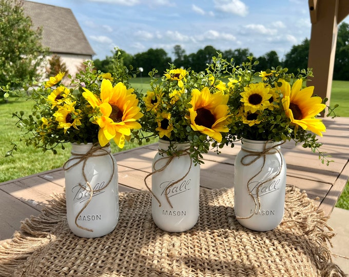 Boxwood Sunflower Decor, Mason Jar Boxwood Decor, Mason Jar Sunflower ...