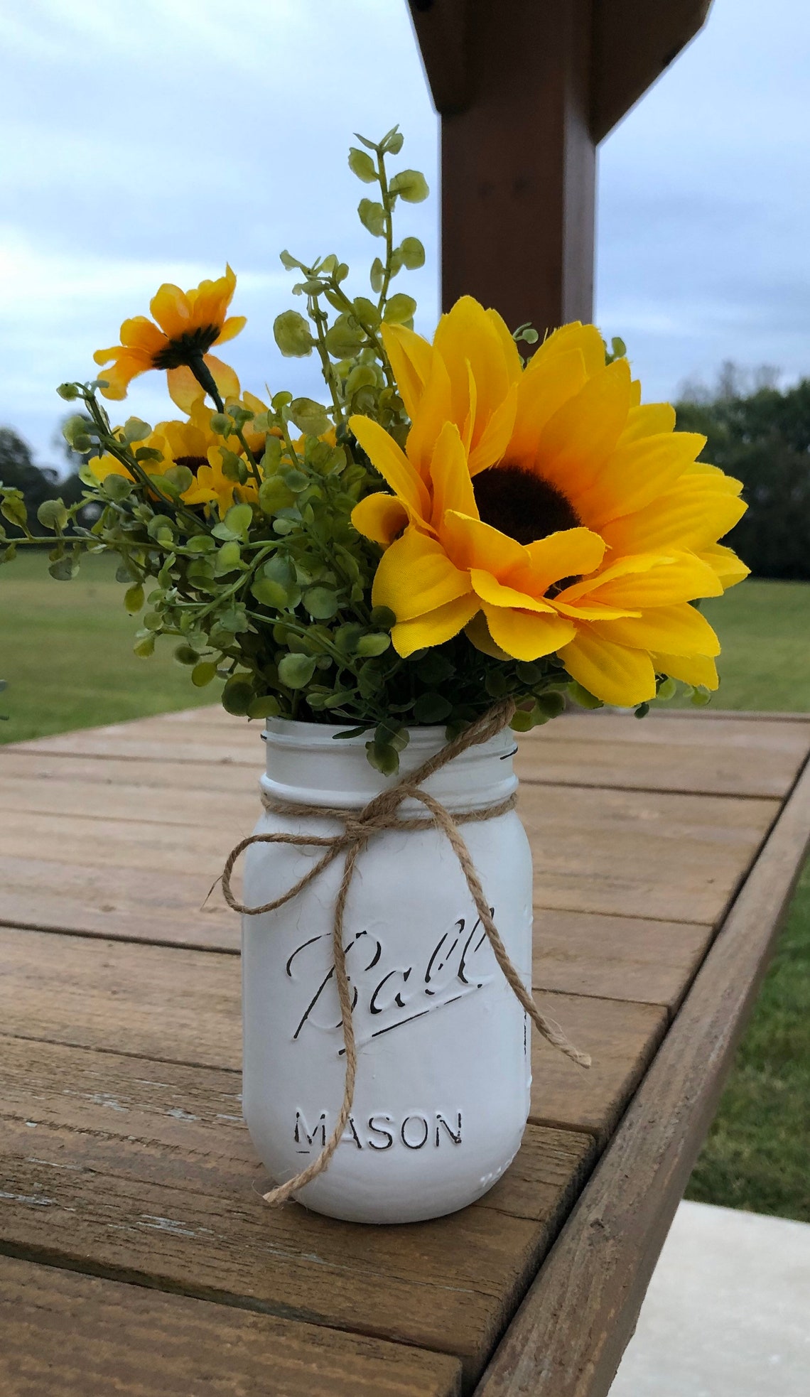 Boxwood Sunflower Decor, Mason Jar Boxwood Decor, Mason Jar Sunflower ...