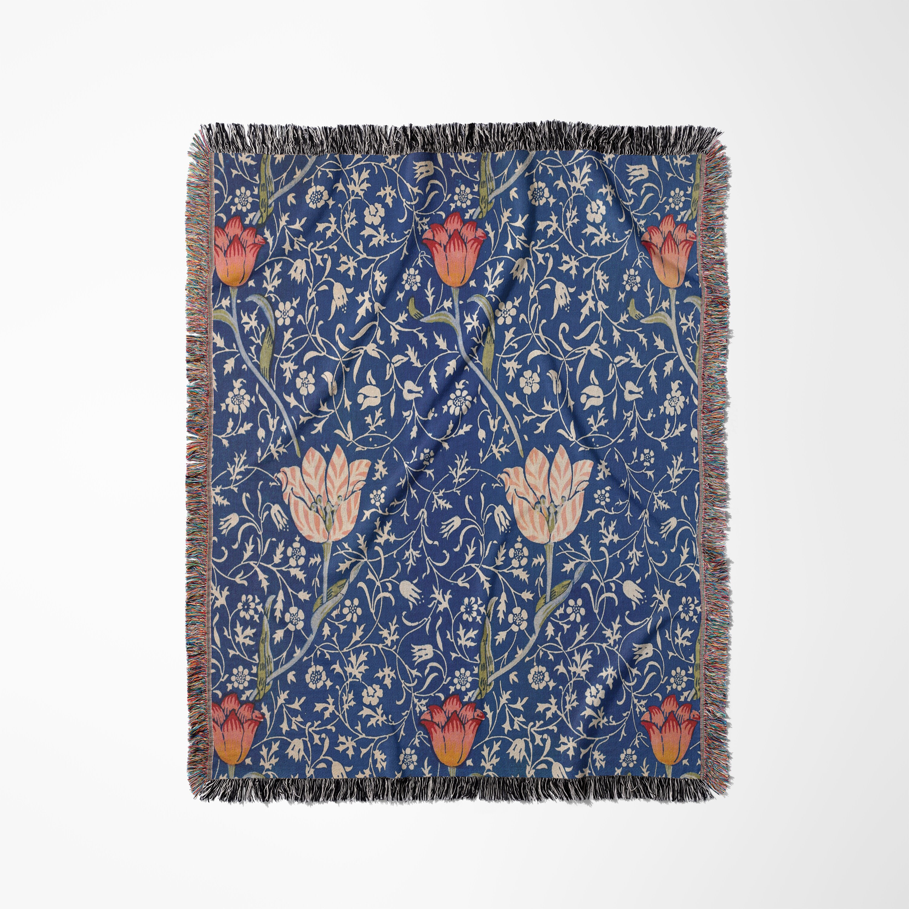 William Morris Medway Pattern Navy Blue and Red Floral Woven Blanket ...