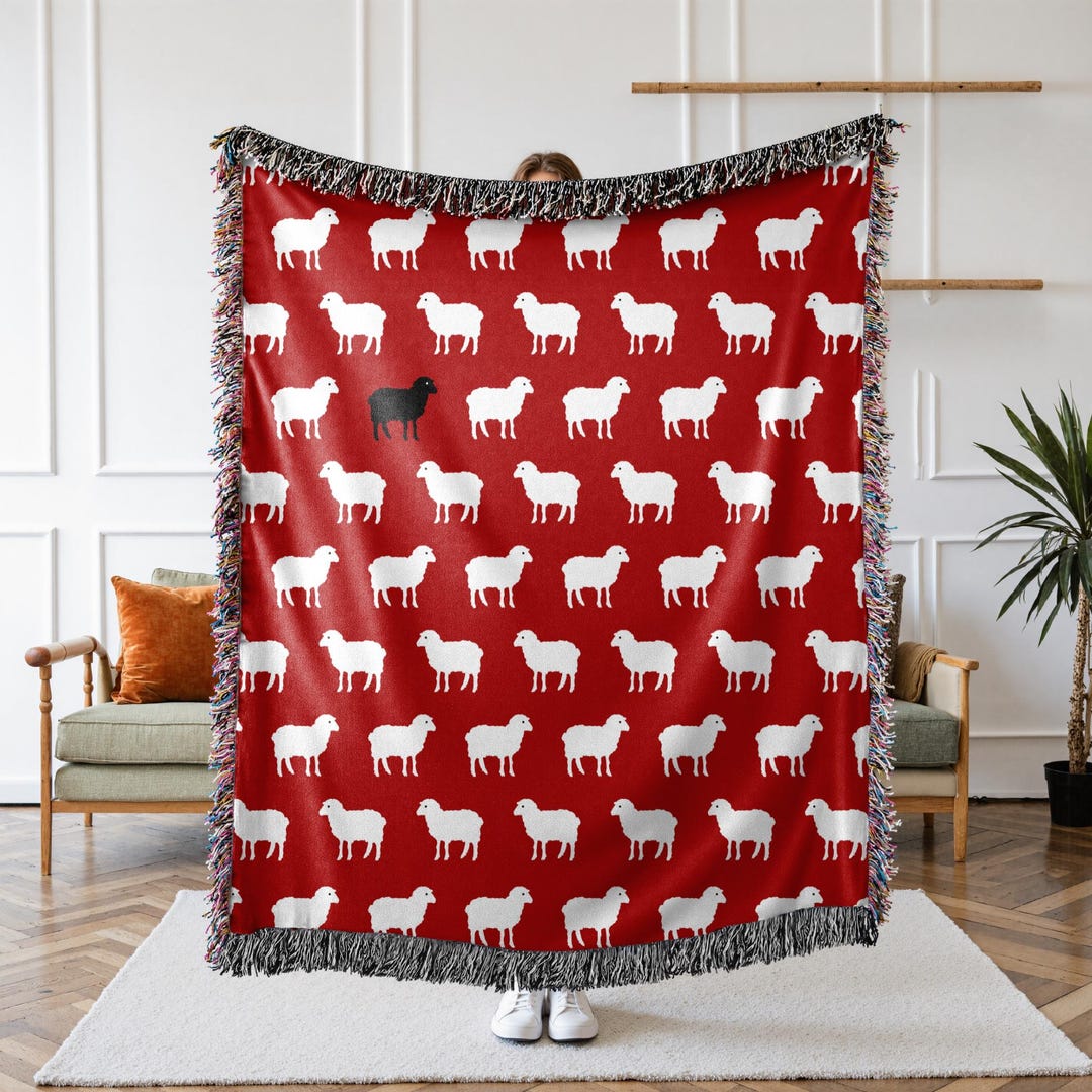 Black Sheep Blanket, Vintage 80s Pattern, Red Black White, Woven ...