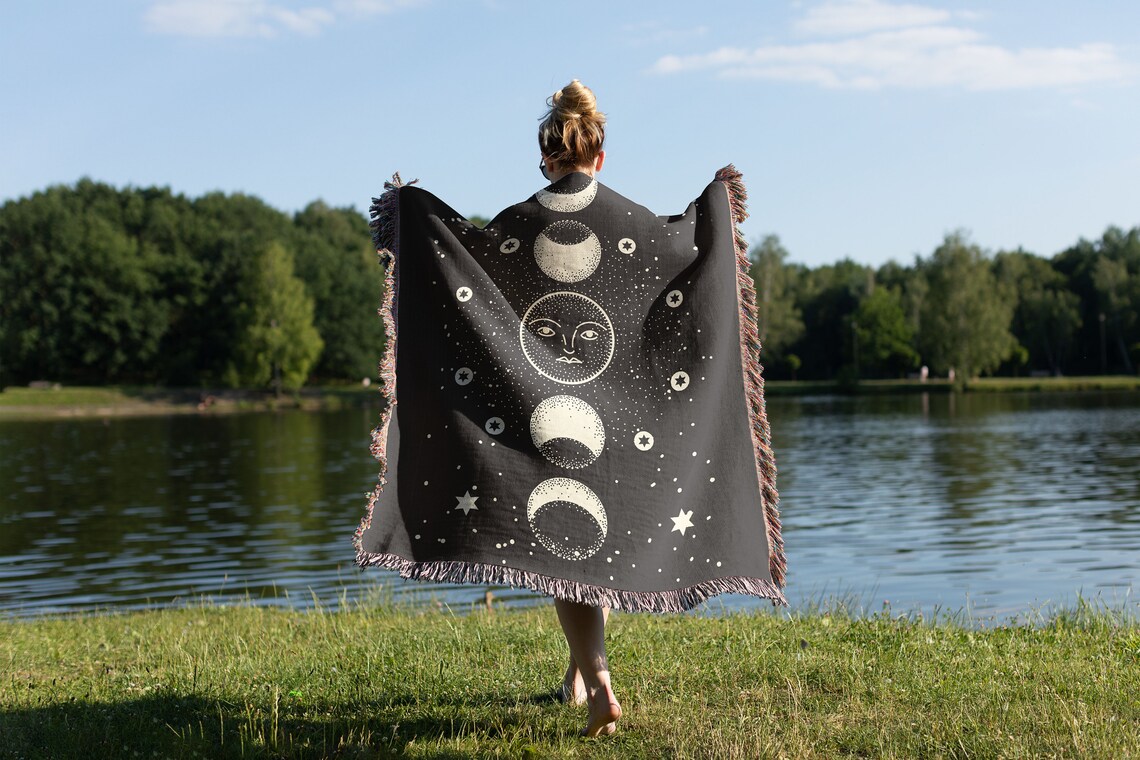 Moon Phases Woven Blanket Moon and Stars Throw Couch - Etsy