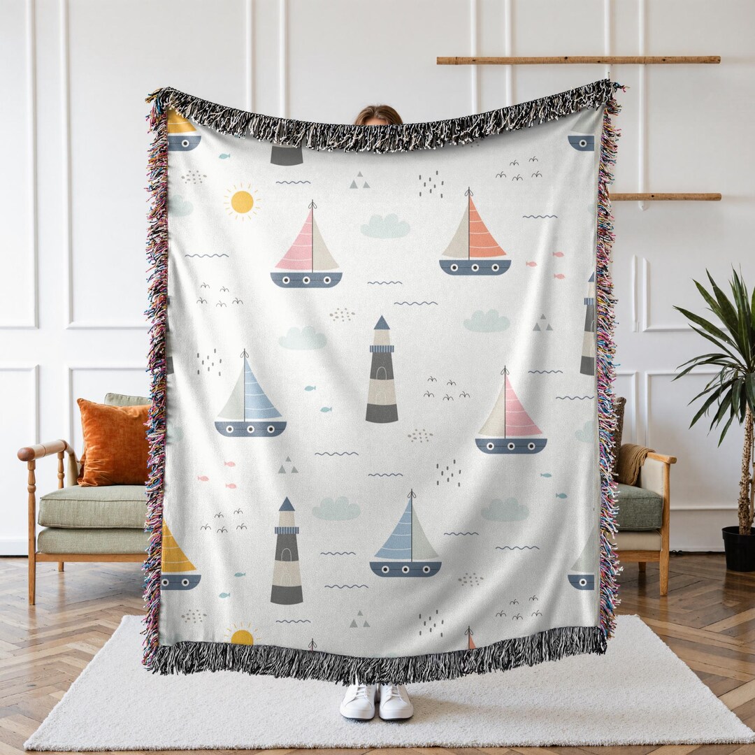 Sailboat Woven Blanket, Lighthouse Blanket, Nautical Sofa Throw ...
