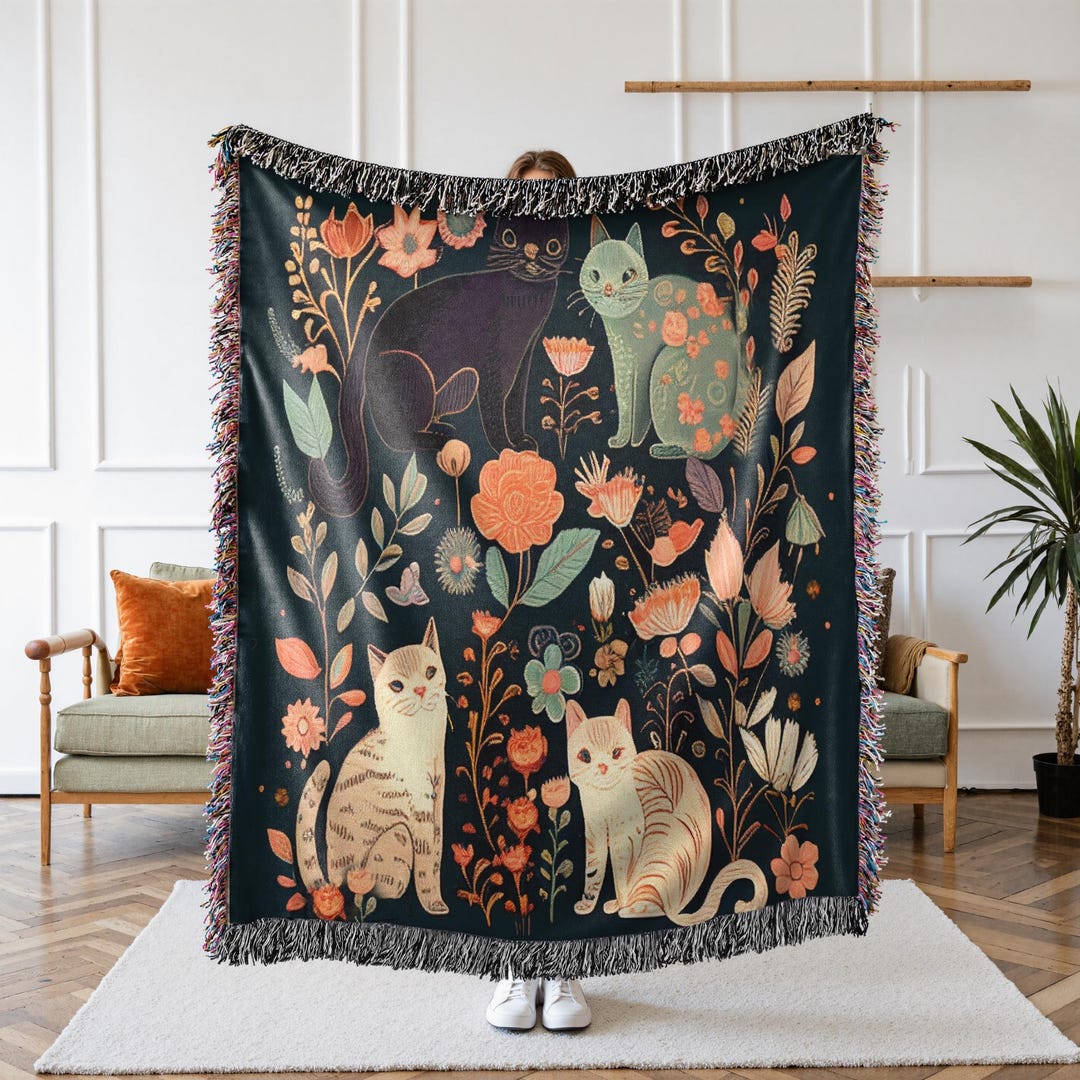 Cat Blanket, Whimsical Cats, Cats and Flowers Couch Throw, Jacquard ...