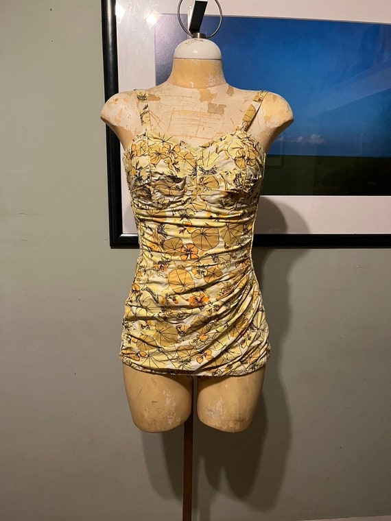 Pale Yellow Abstract Floral Poppy One-Piece 50s Swims… - Gem