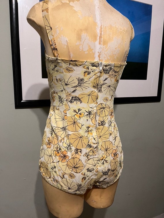 Pale Yellow Abstract Floral Poppy One-Piece 50s Swims… - Gem