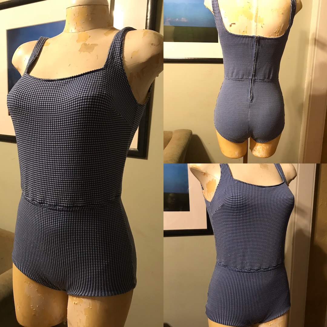 Petite 50s One-piece Swimsuit Playsuit in Tiny Blue and White Check by ...