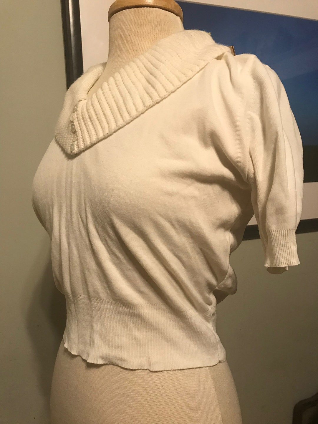Sweet 50s Ivory Banlon Knit Sweater by Kerrybrooke With Rolled Ribbed ...
