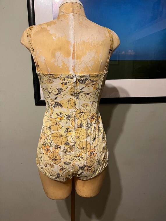 Pale Yellow Abstract Floral Poppy One-Piece 50s Swims… - Gem