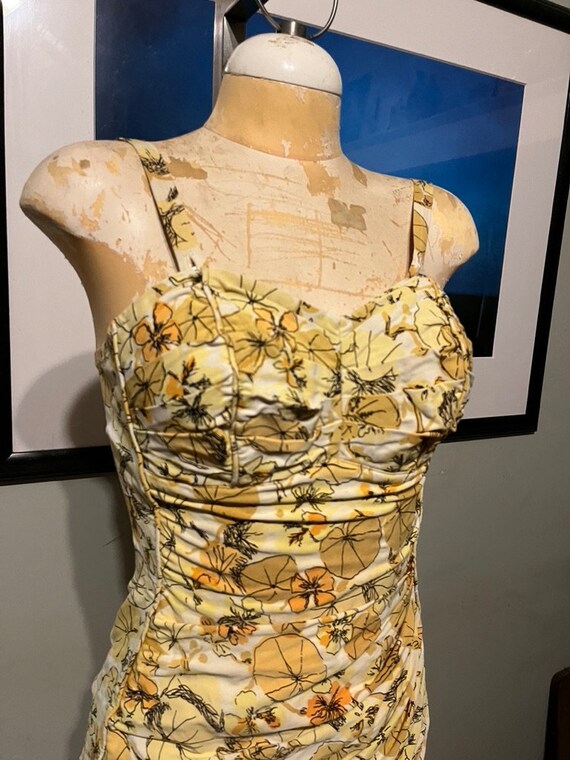 Pale Yellow Abstract Floral Poppy One-Piece 50s Swims… - Gem