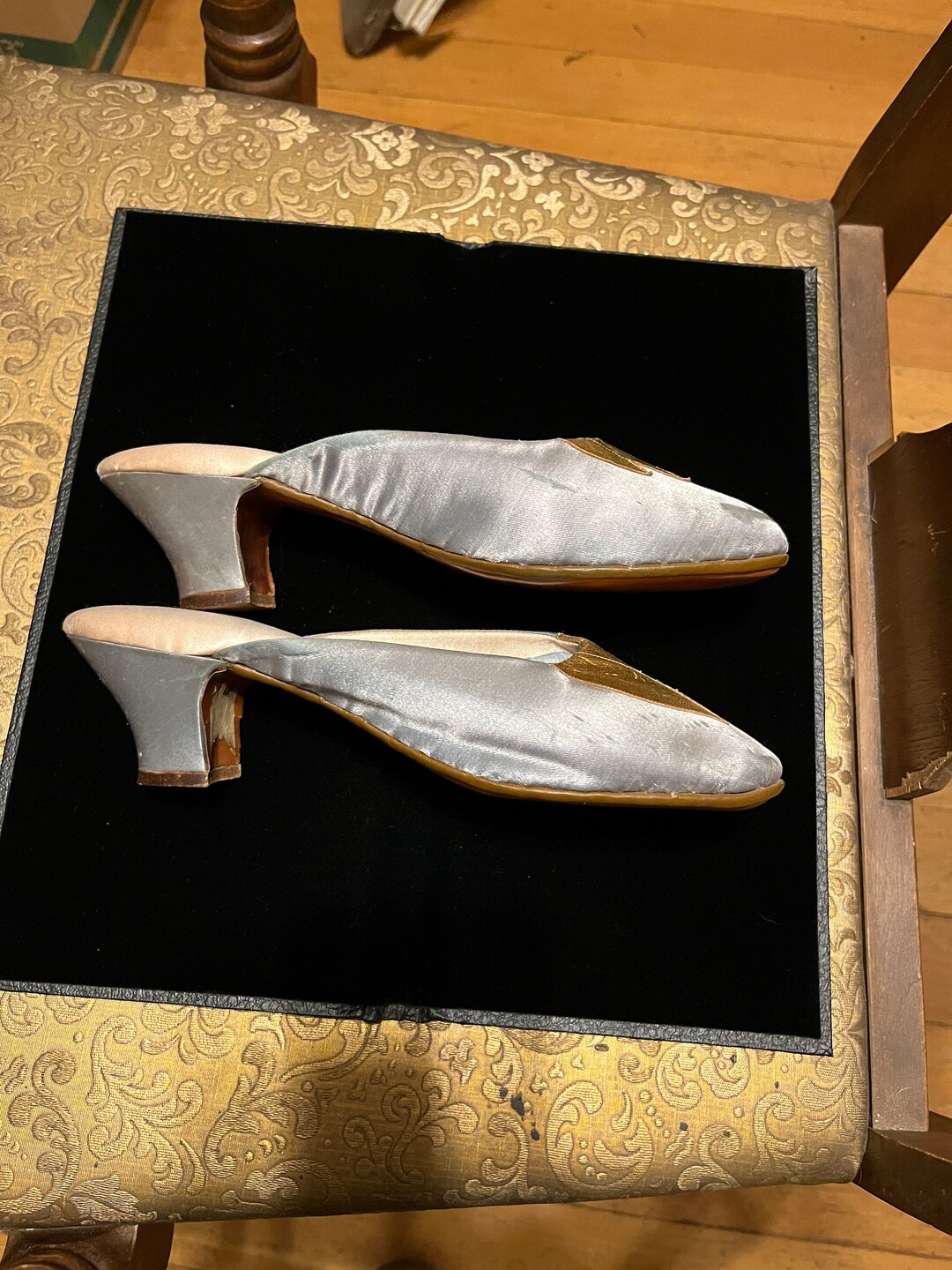 Art Deco Edwardian Era Satin Slippers in Pale Blue With Gold Leather ...