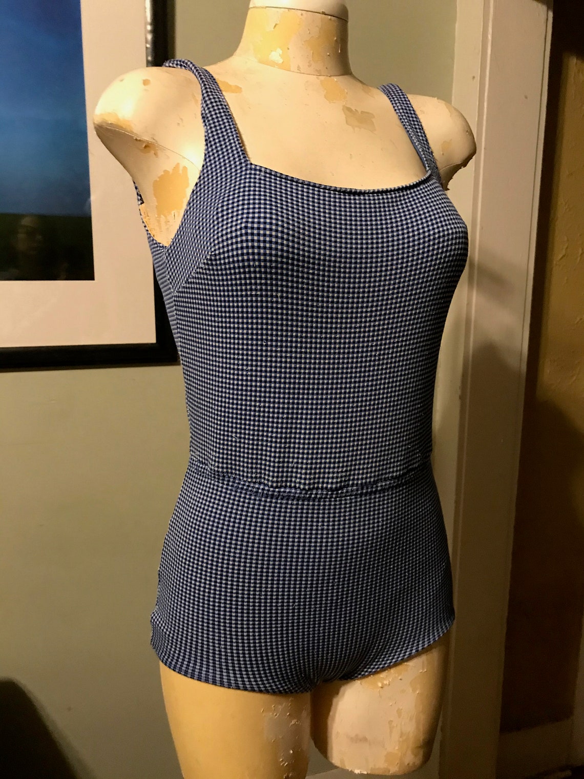 Petite 50s One-piece Swimsuit Playsuit in Tiny Blue and White Check by ...