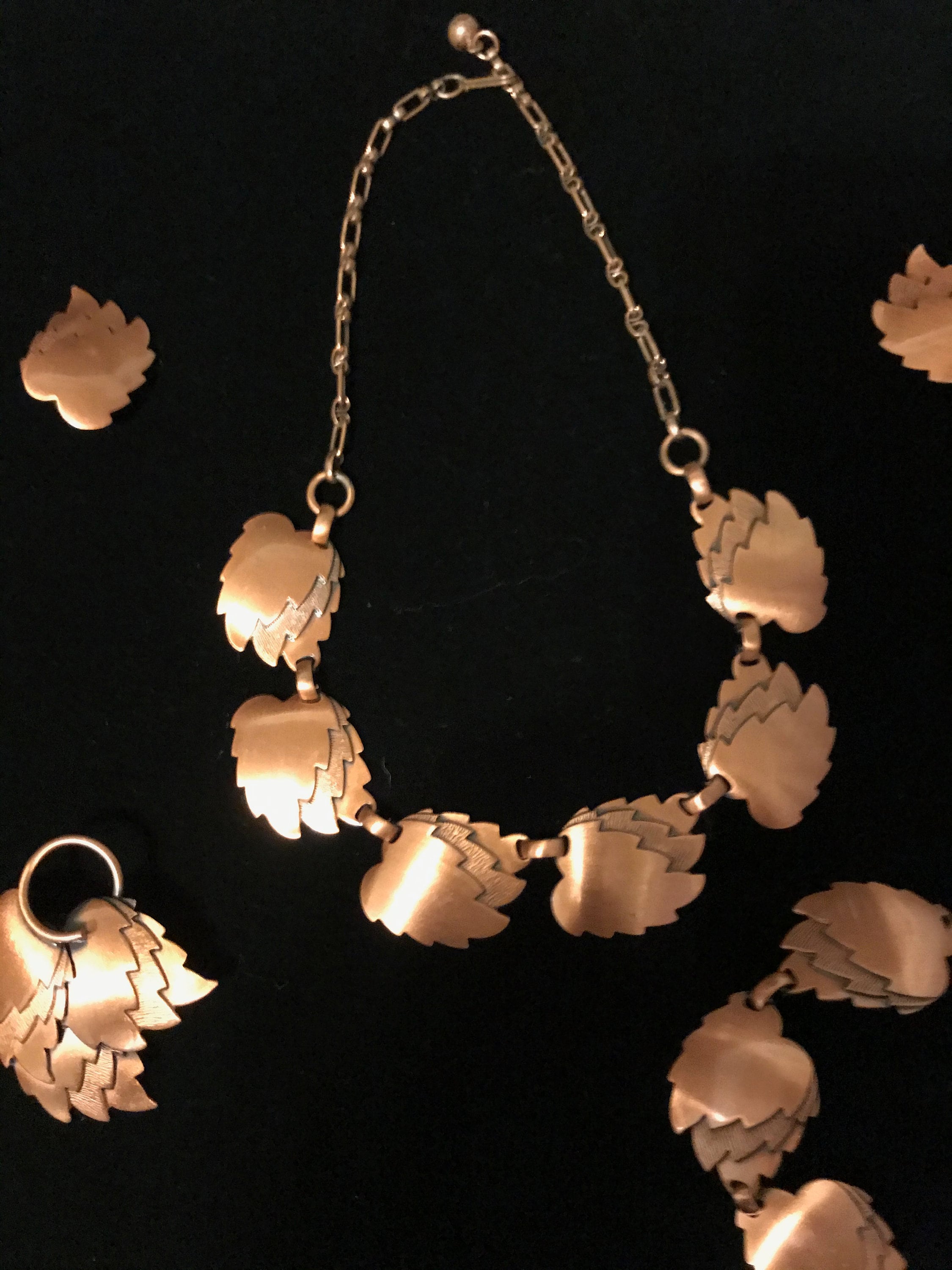 Mid-century Copper Maple Leaf Full Parure Jewelry 5-piece Set With ...