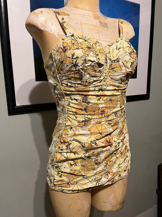 Pale Yellow Abstract Floral Poppy One-Piece 50s Swims… - Gem