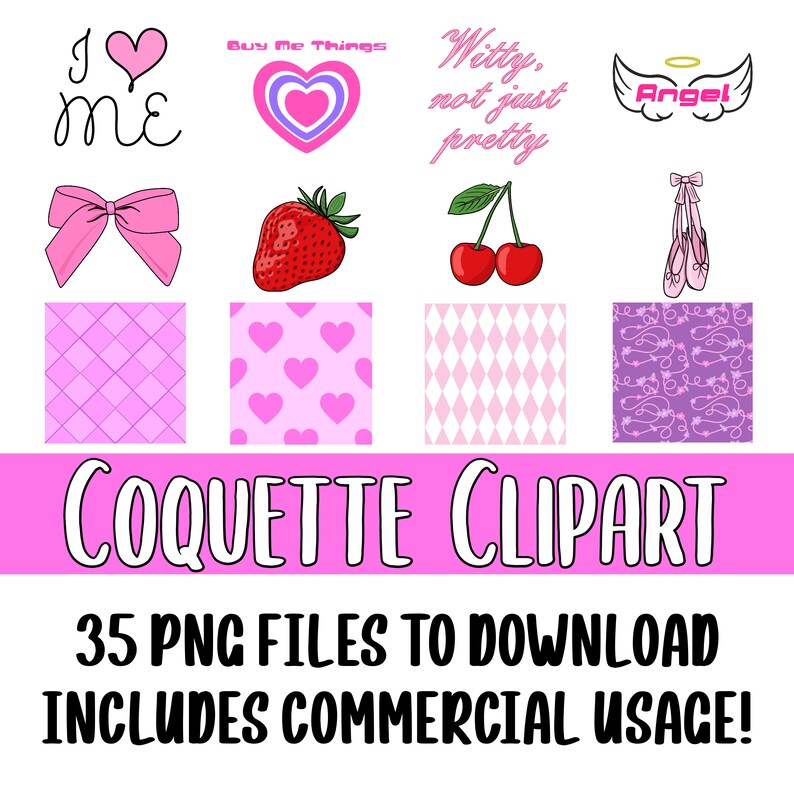 Coquette & Retro Clipart PNG Includes Seamless Patterns, Various Heart ...