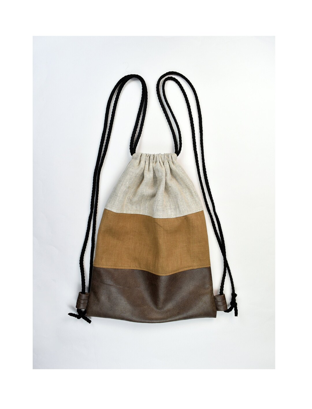 Drawstring Gym Backpack / Linen and Faux Leather Mixed Media Sack Bag ...