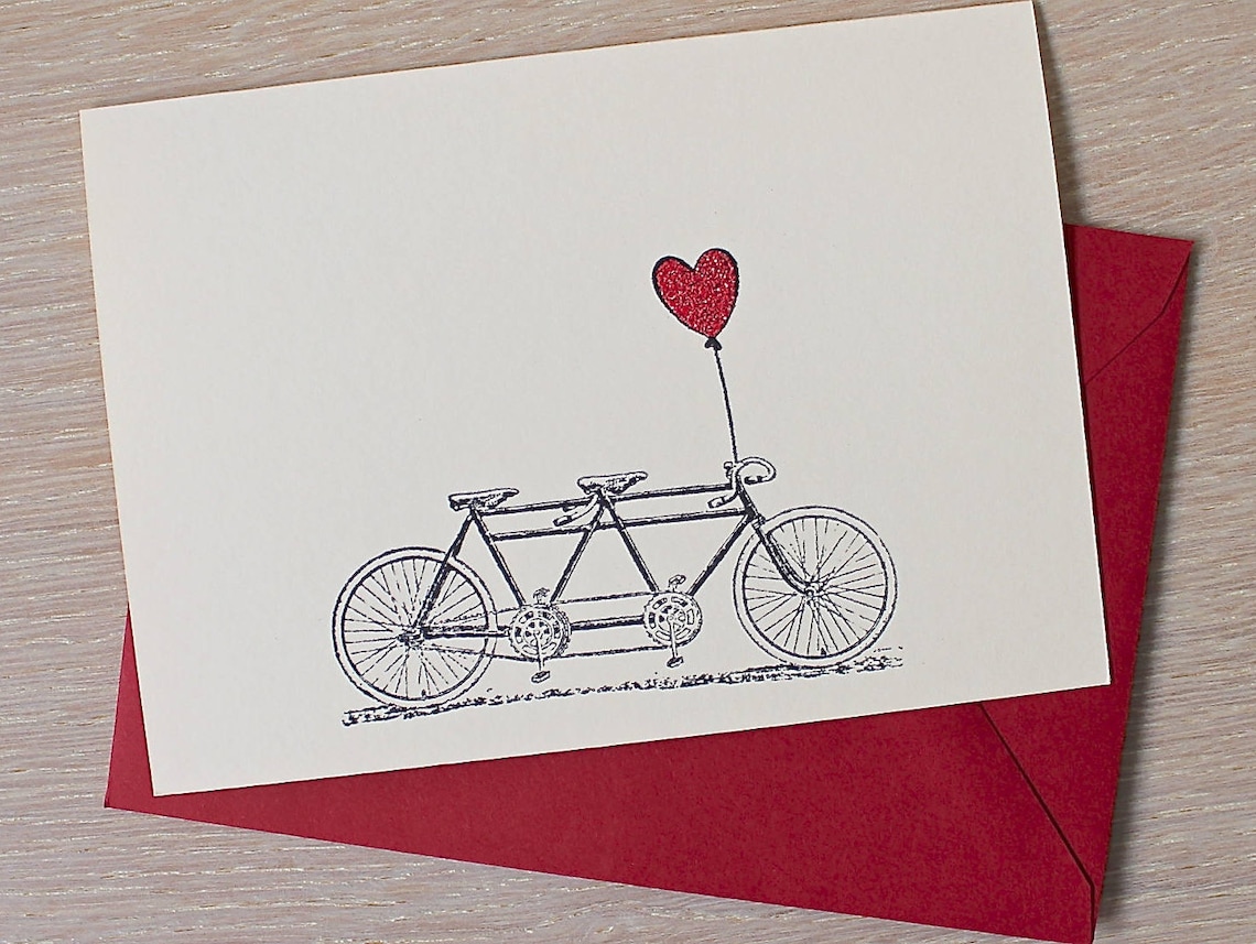 Handmade Tandem Bike Card With Heart, Tandem Bicycle Card, Card With ...
