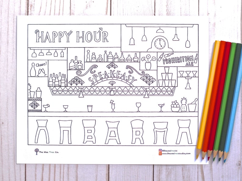 Speakeasy Printable Colouring Placemat, Bar Colouring Page, Coloring ...