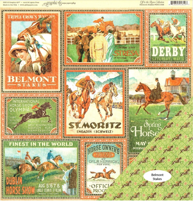 Graphic 45 off to the Races Collection—12x12 Double-sided Loose Sheets ...