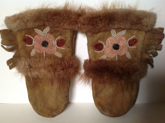 Vintage Antique Native American Mittens/Beaded Leather | Etsy