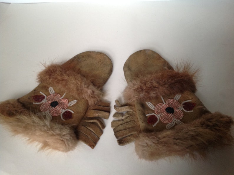 Antique Cree Child's Mittens, Beaded Floral Leather Gauntlets - Etsy ...