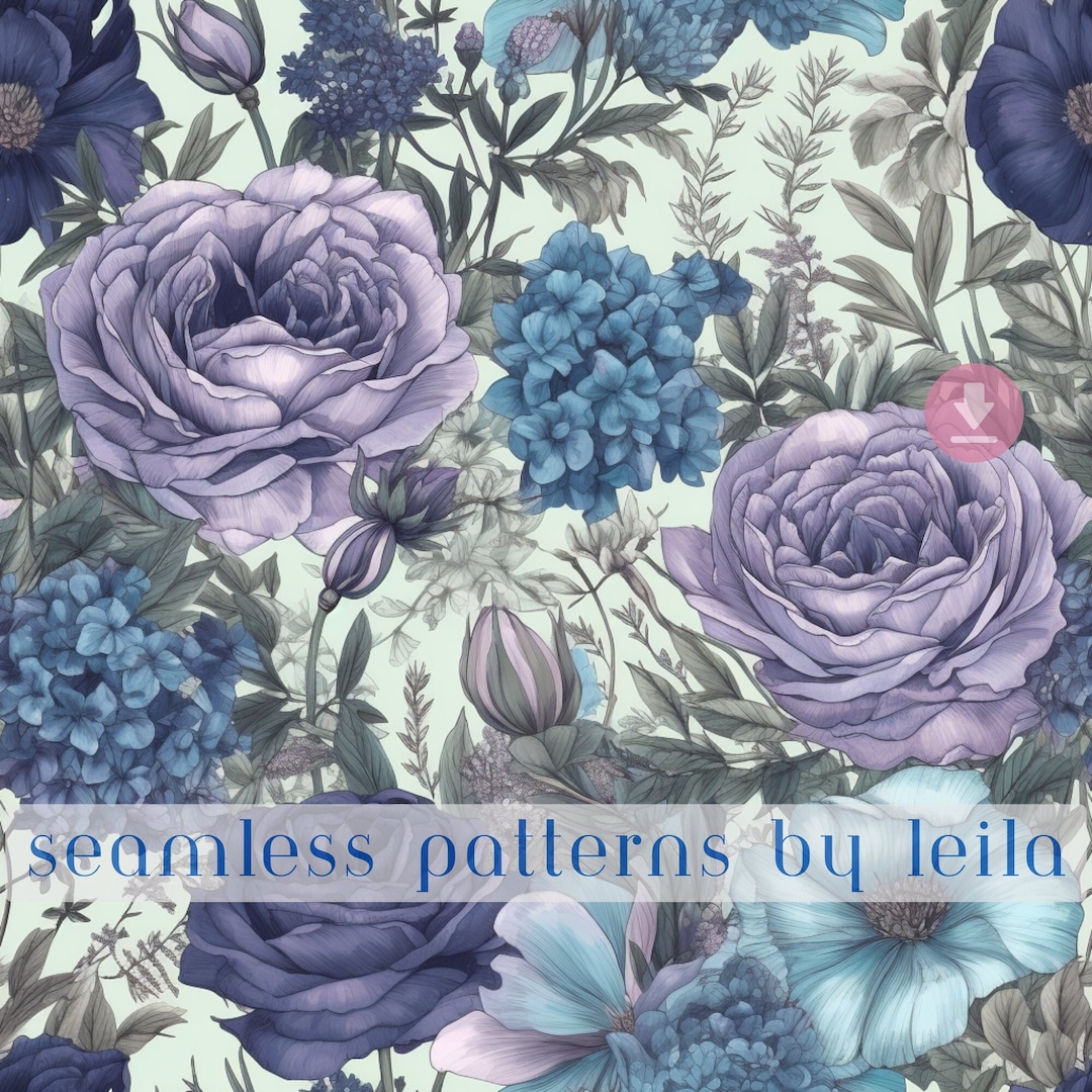 Blue Floral Seamless File, Boho Fabric Flower, Rose Clip Art, Vintage ...