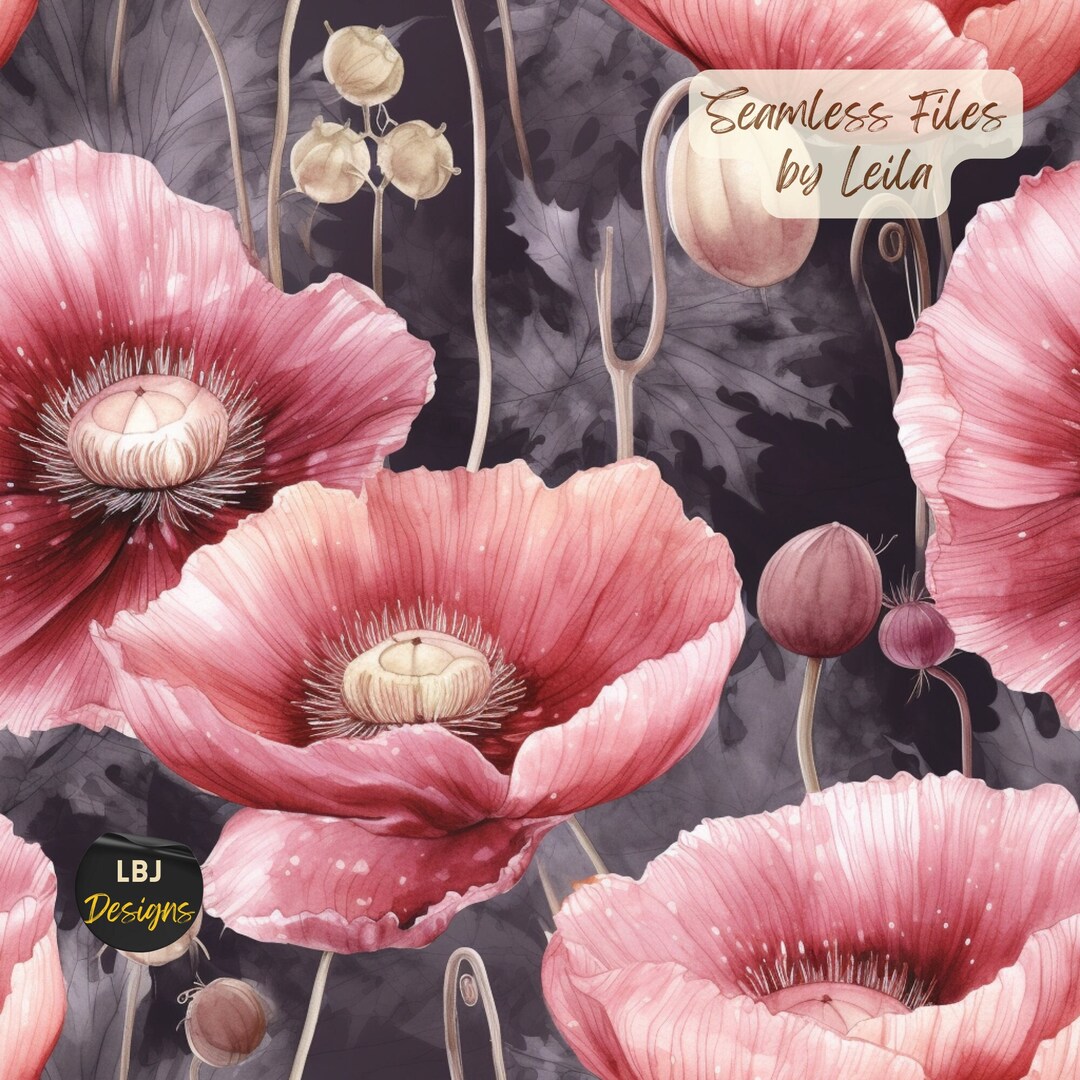 Beautiful Poppy Flower With Fall Leaves, Fall Seamless, Rustic Art ...
