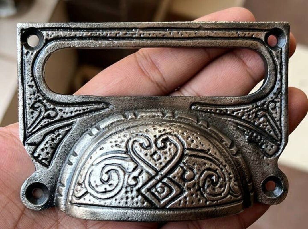 Medieval Iron Cup Handle Pull W Label Slot Antique Pewter Undead ...